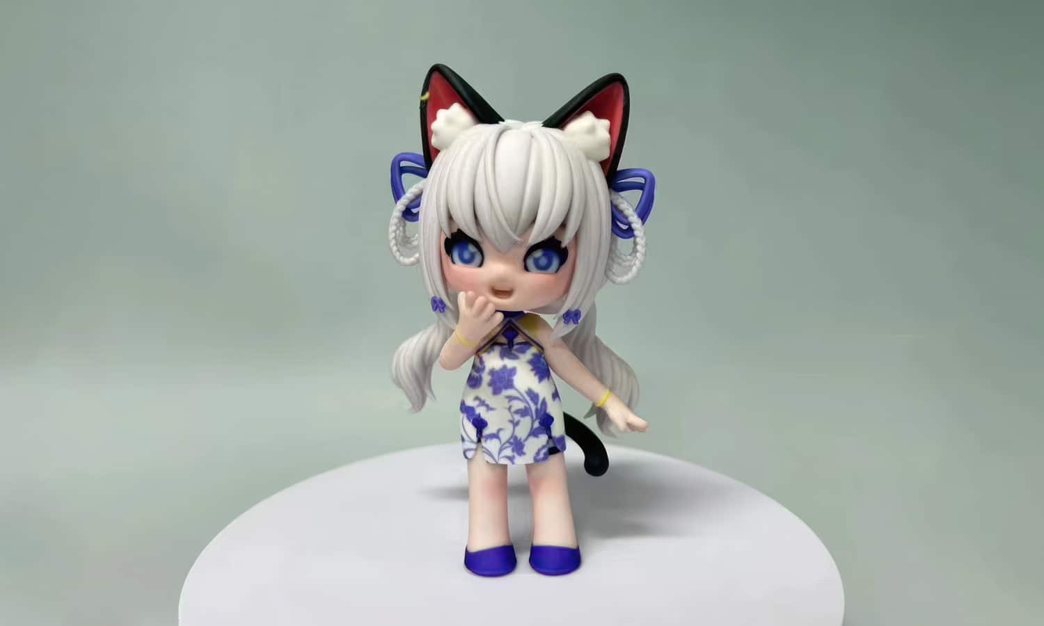 MJF 3D Printed Full-color Cat Girl Chibi Wearing Cheongsam - FacFox